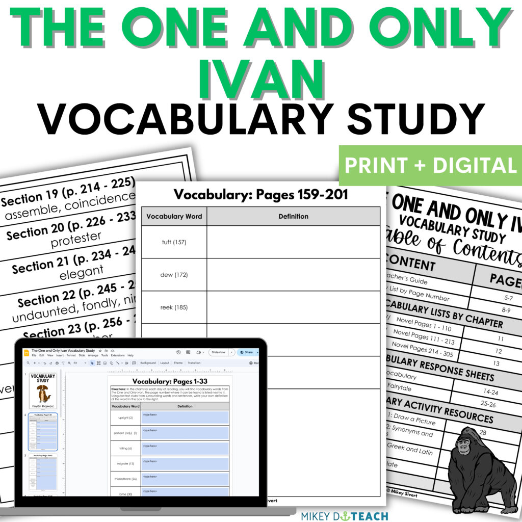 The One and Only Ivan Vocabulary Study - Reading & Writing - PRINT ...